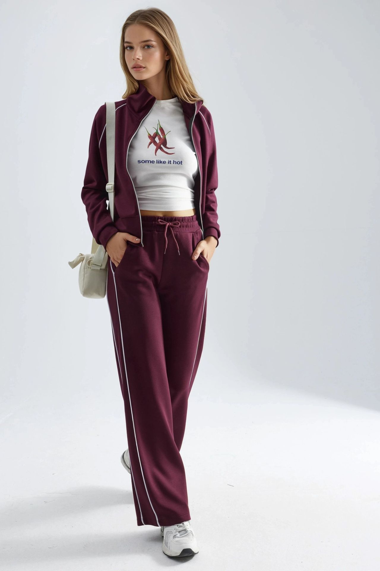 HiCCUP - Burgundy Red Modal Touch Zippered Sweatshirt & Pants Two-piece ...