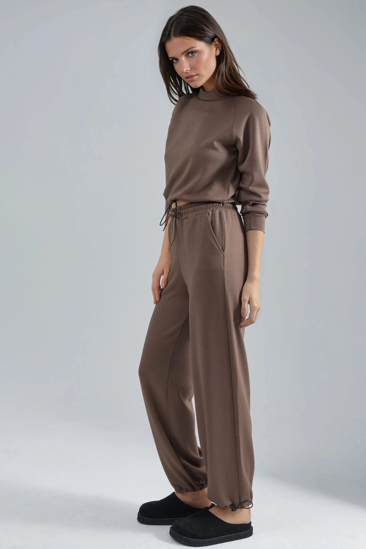 HiCCUP - Coffee Brown Modal Touch Half Turtleneck Blouse & Elastic ...