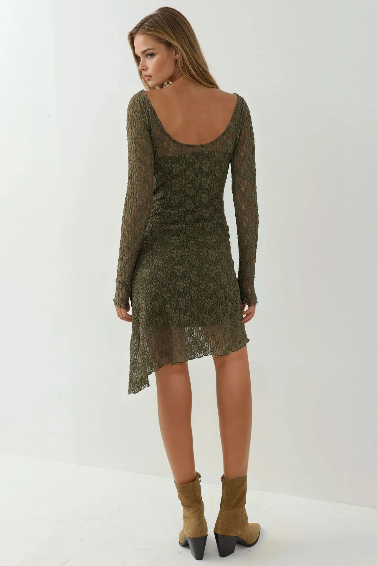 HiCCUP - Sage Green Asymmetric Lace Mini Dress With Boat Neck Women