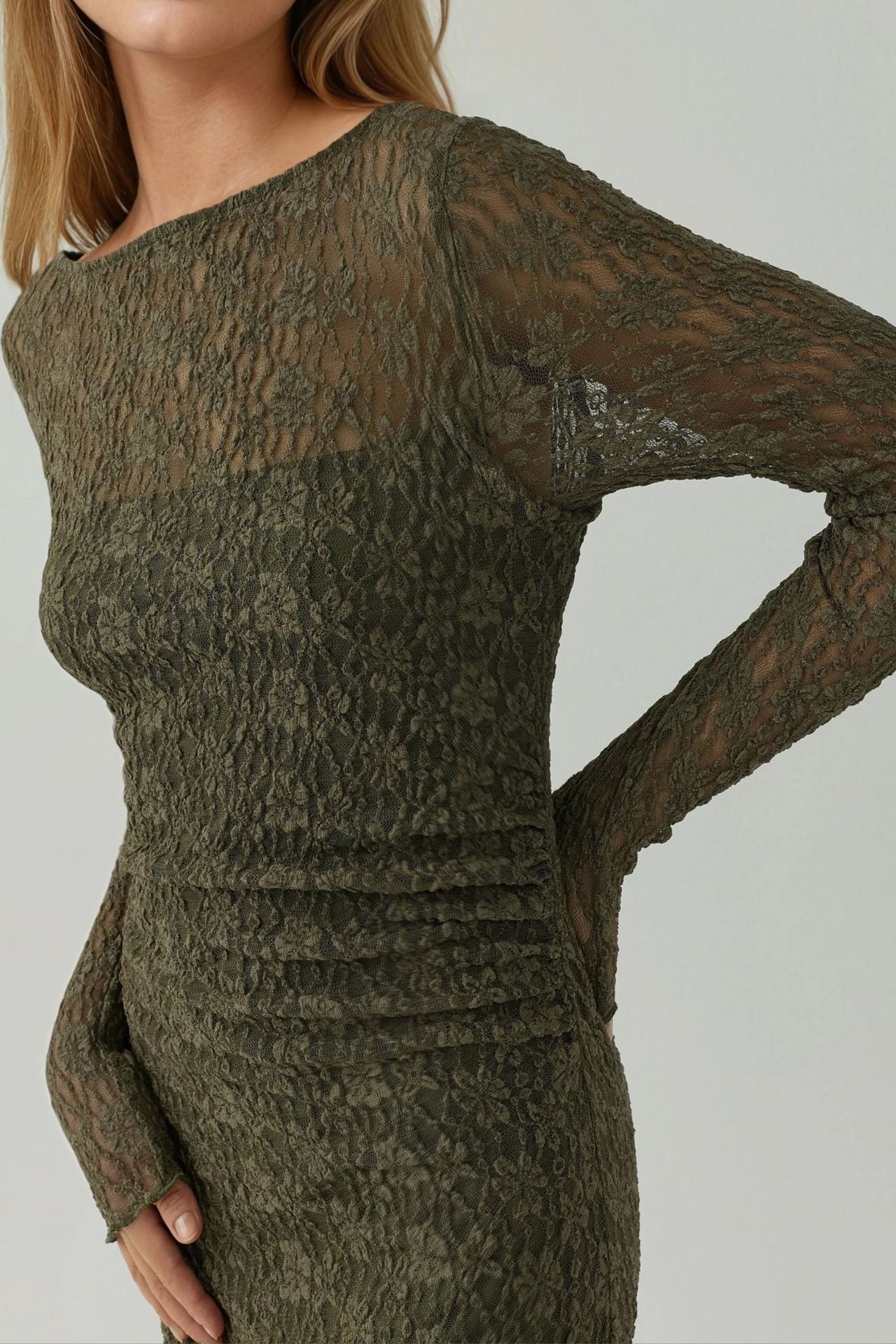 HiCCUP - Sage Green Asymmetric Lace Mini Dress With Boat Neck Women