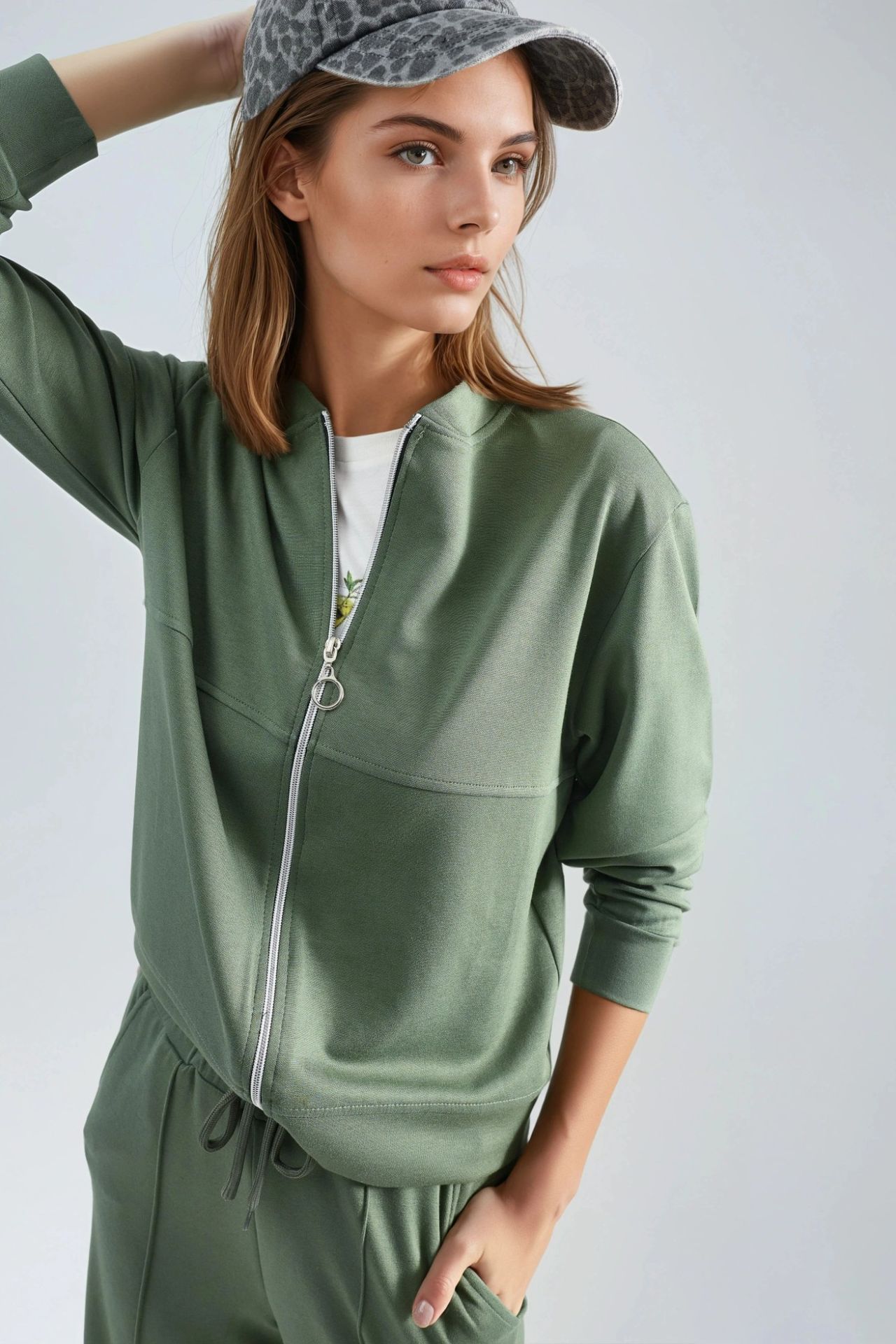 HiCCUP - Khaki Green Modal Touch Zippered Sweatshirt & Ribbed Pants Co ...