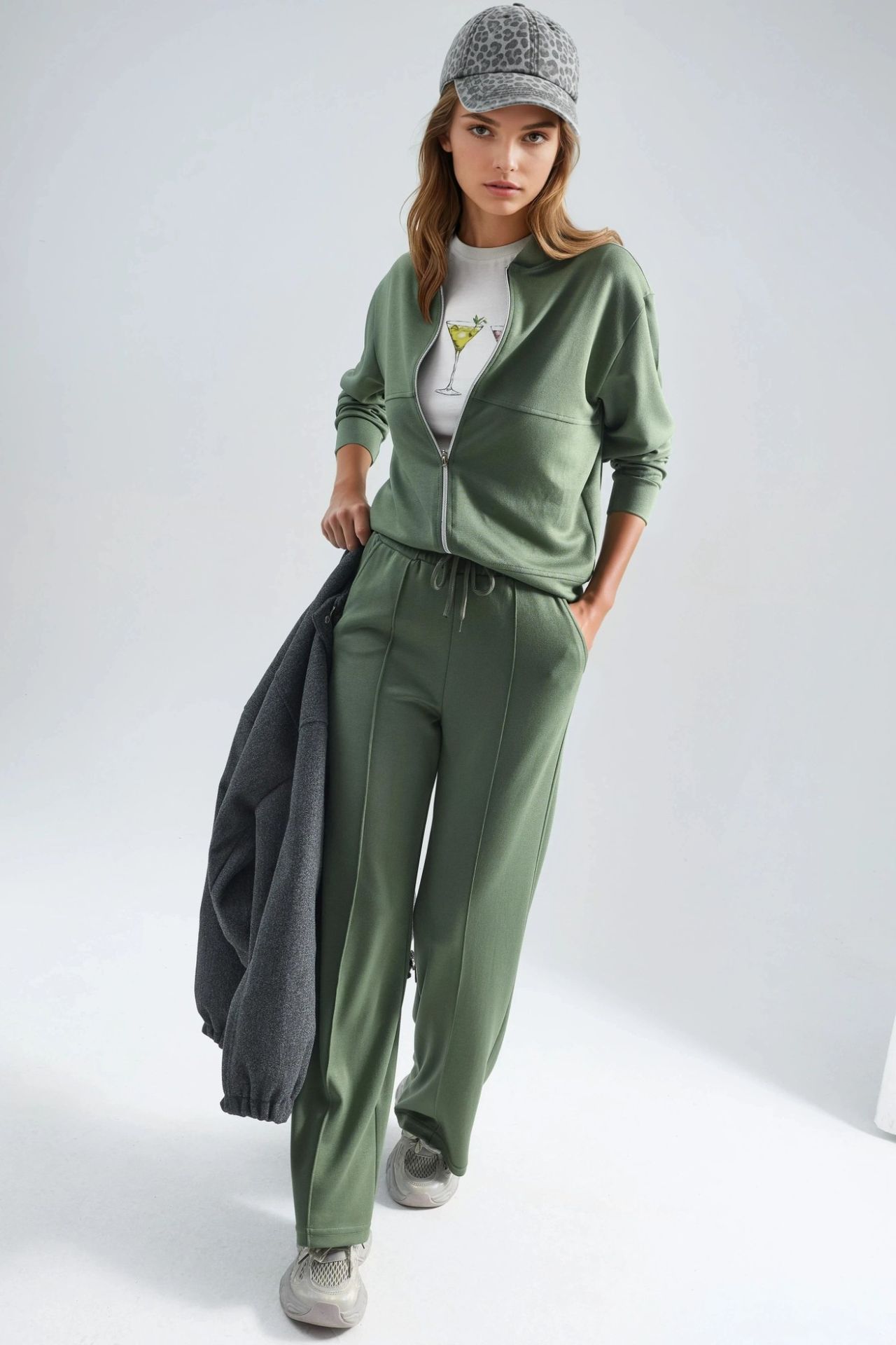 HiCCUP - Khaki Green Modal Touch Zippered Sweatshirt & Ribbed Pants Co ...