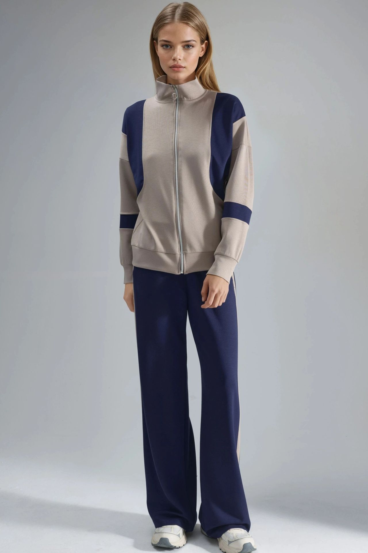 HiCCUP - Navy Blue Modal Touch Color Blocked Zipper Collar Wide Leg Two ...