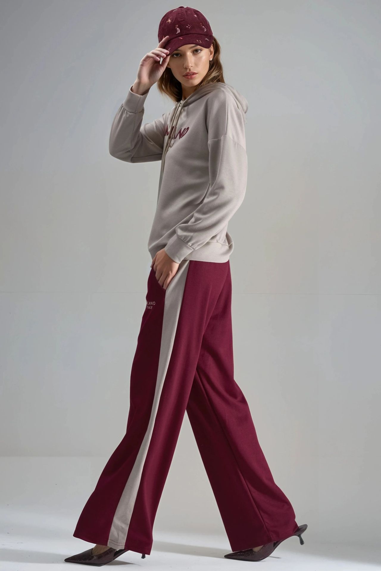 HiCCUP - Burgundy Red Modal Touch Hooded Embroidered Long Wide Leg Two ...
