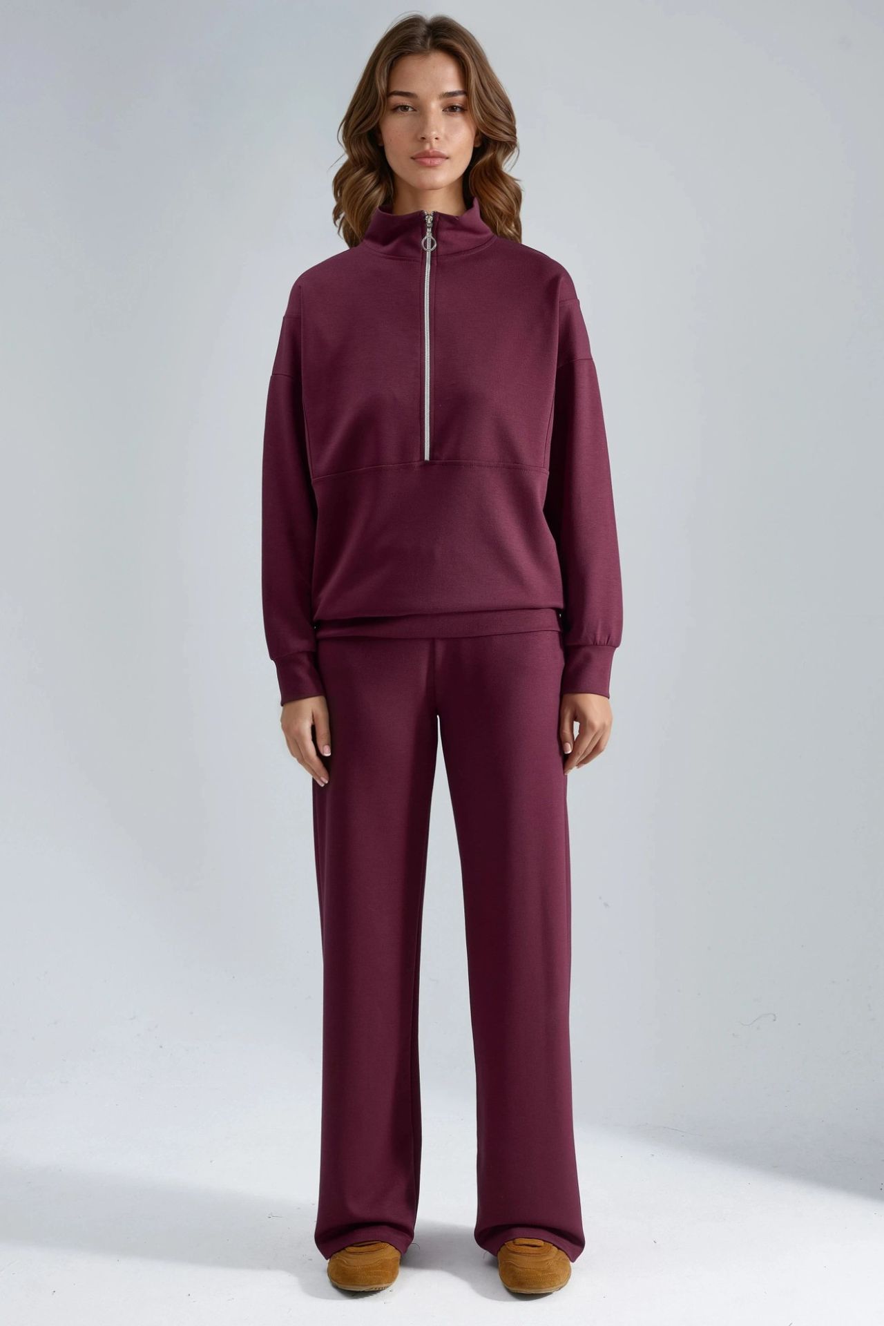 HiCCUP - Burgundy Red Modal Touch Two-piece Wide Leg Set With Zipper ...