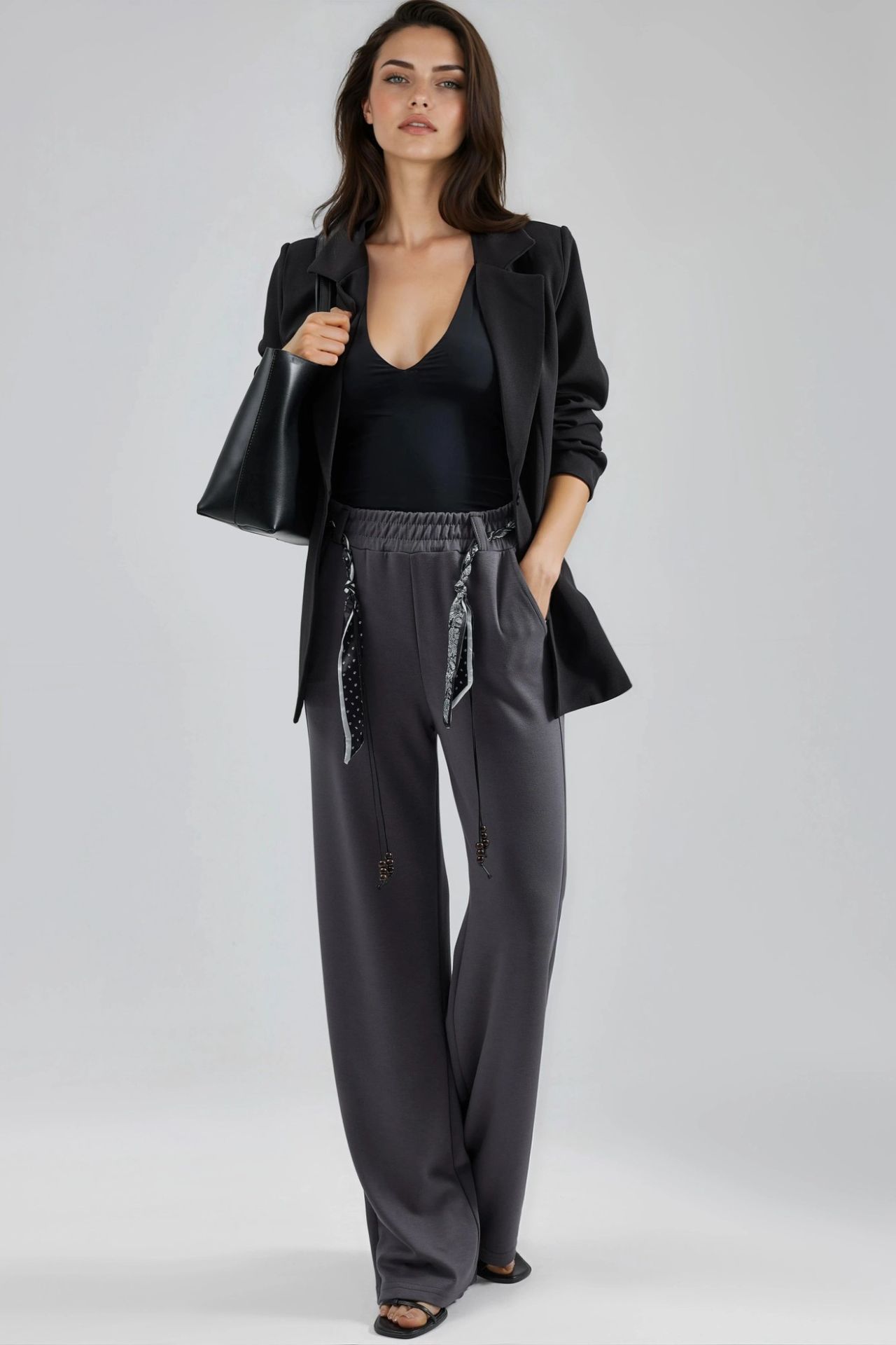 HiCCUP - Grey Modal Touch Belted High Waist Straight Leg Knit Pants ...
