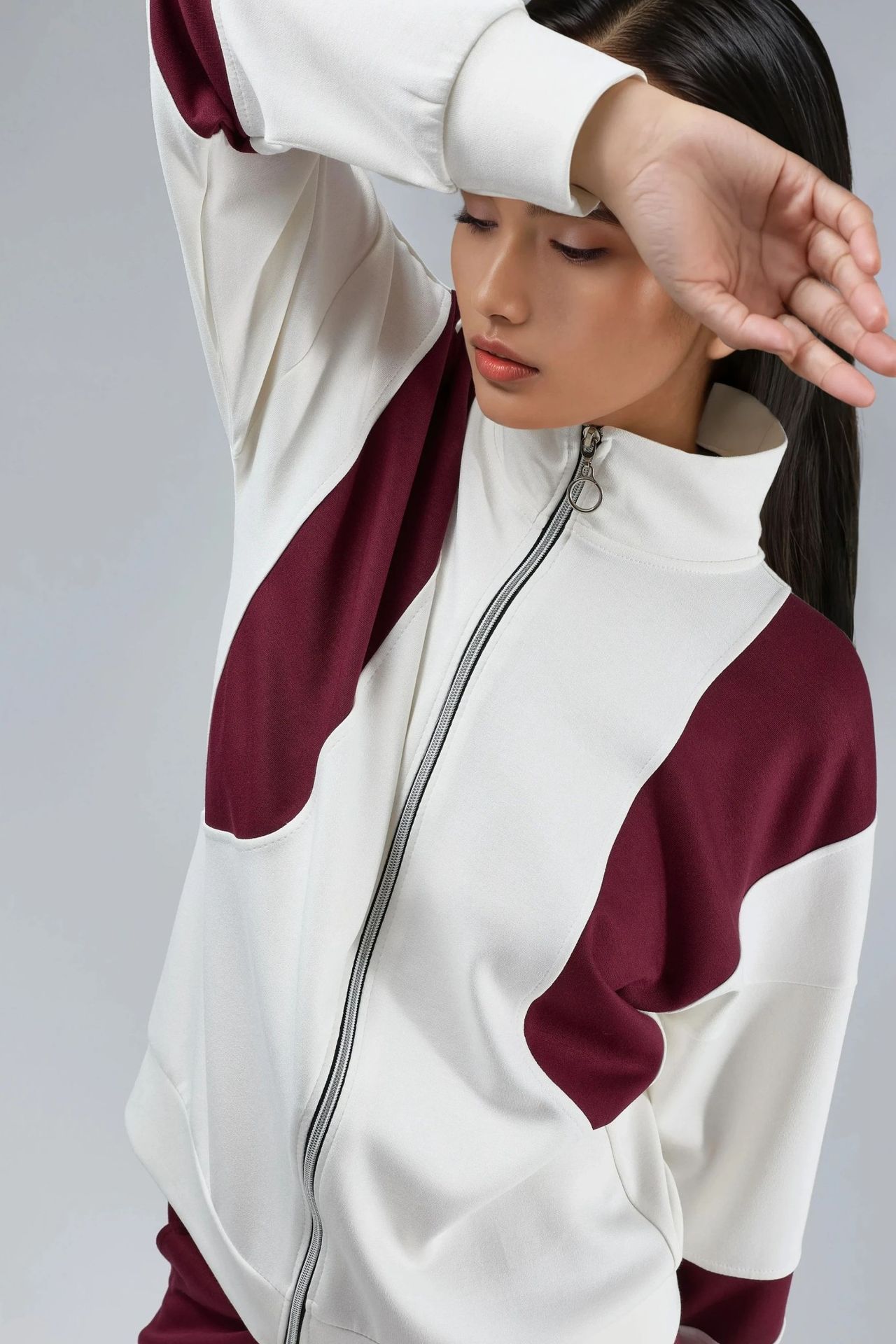 HiCCUP - Burgundy Red Modal Touch Color Blocked Zipper Collar Wide Leg ...