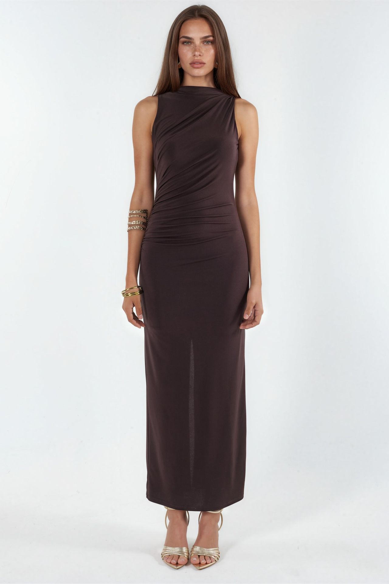 HiCCUP - Chestnut Brown Ruched Detail Bodycon Maxi Dress Women