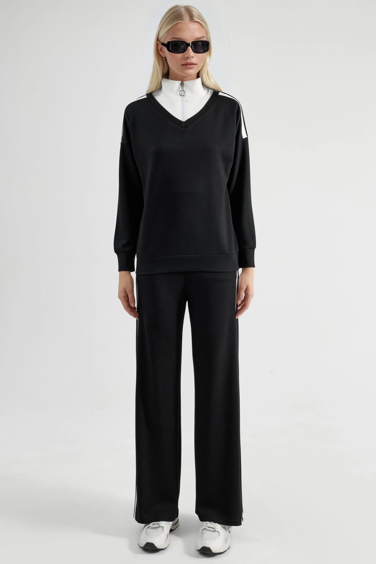 HiCCUP - Black Modal Touch Zipper Collar Wide Leg Two-piece Co-ord Set ...