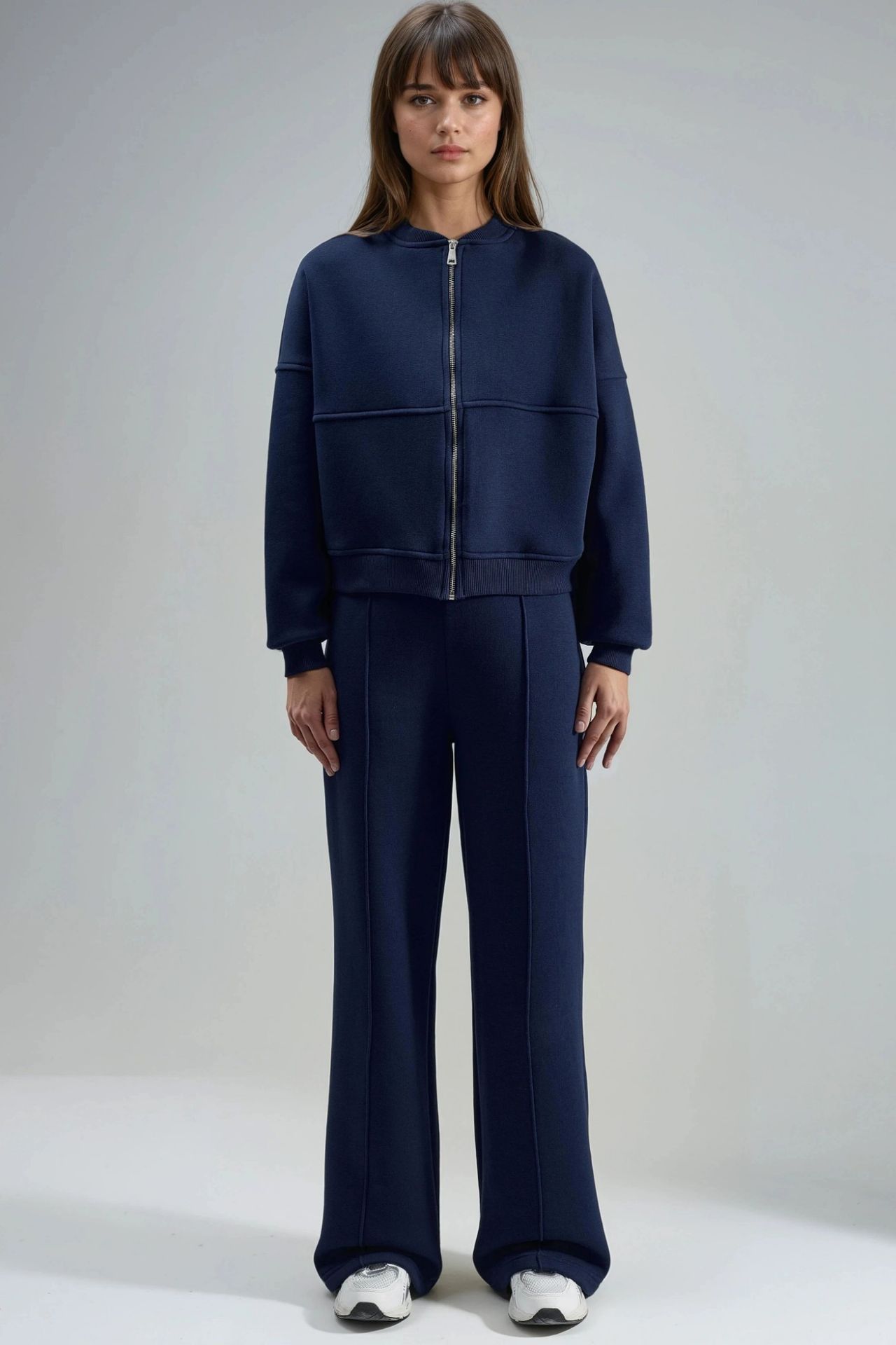 HiCCUP - Navy Blue High Waist Wide Leg Two-piece Set With Zipper Collar ...