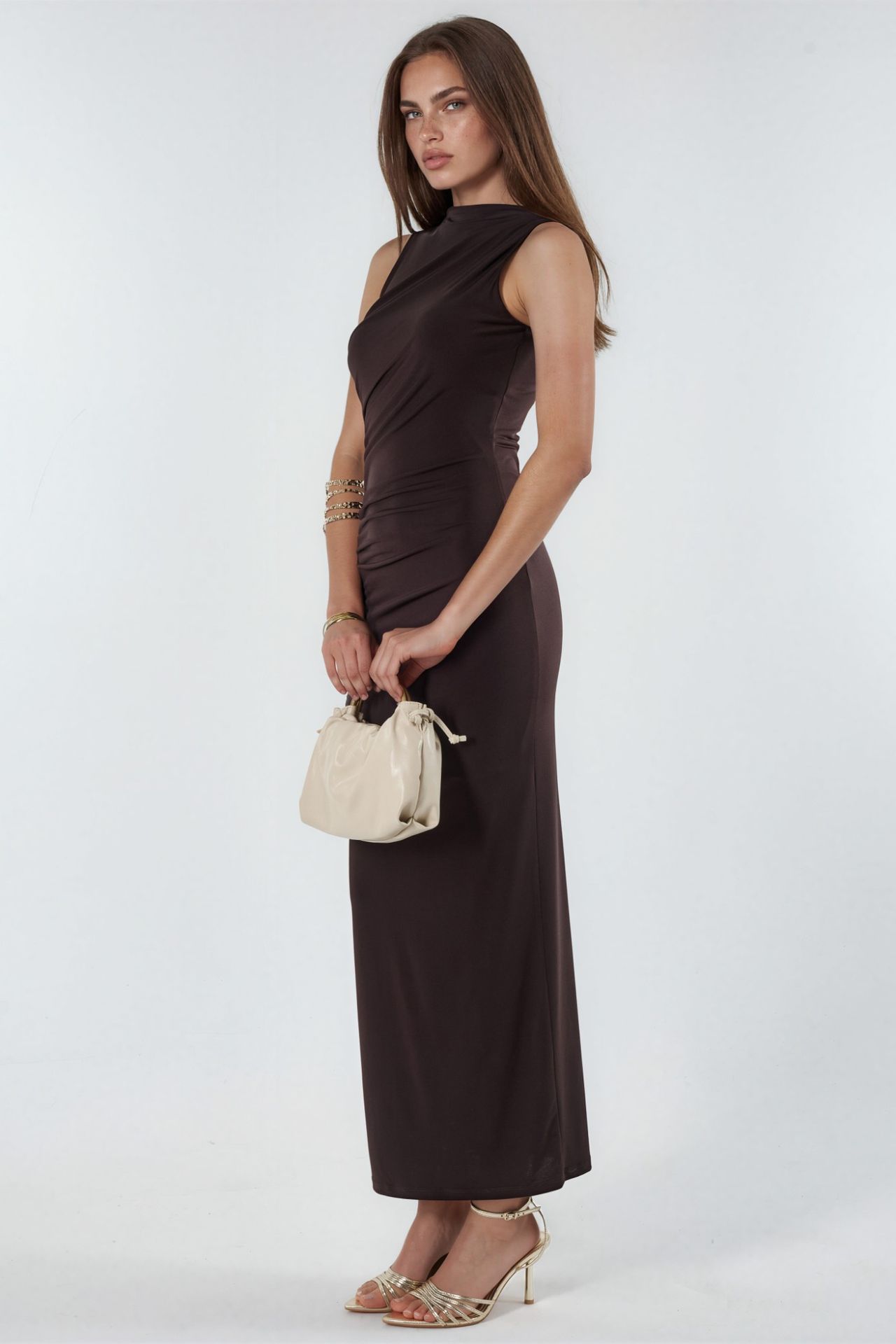 HiCCUP - Chestnut Brown Ruched Detail Bodycon Maxi Dress Women